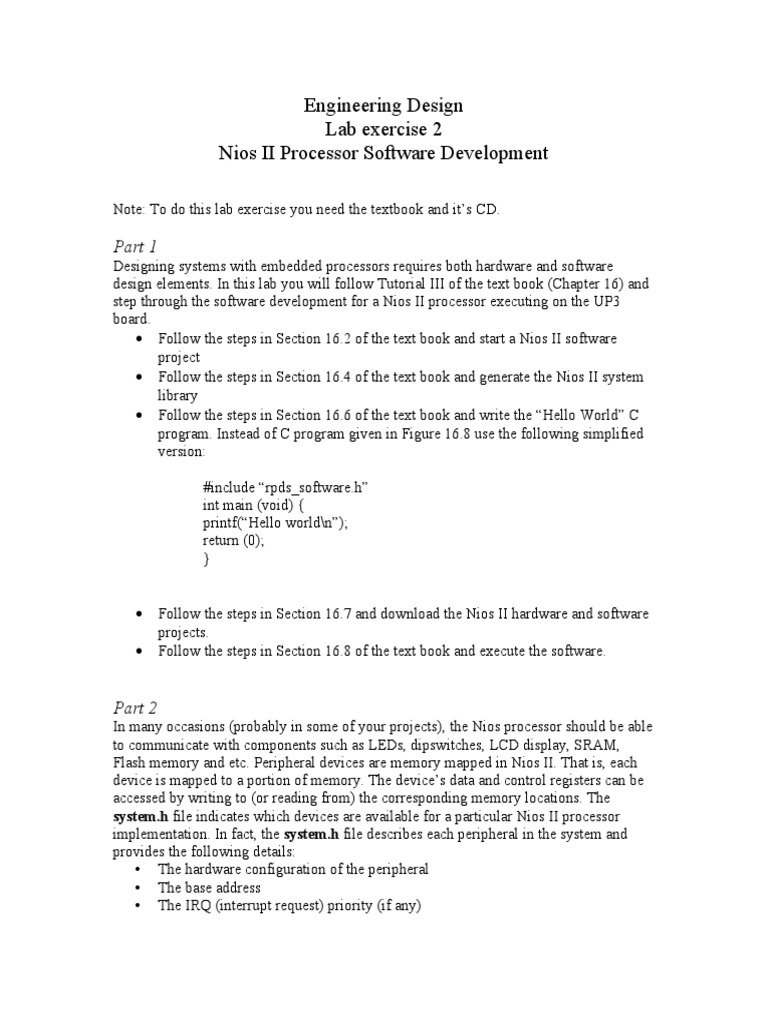 Engineering Design Lab Exercise 2 Nios II Processor Software Development | PDF | C (Programming ...