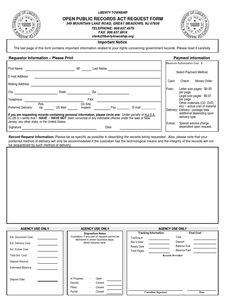 Liberty OPRA Request Form | PDF | Discovery (Law) | Computer Security