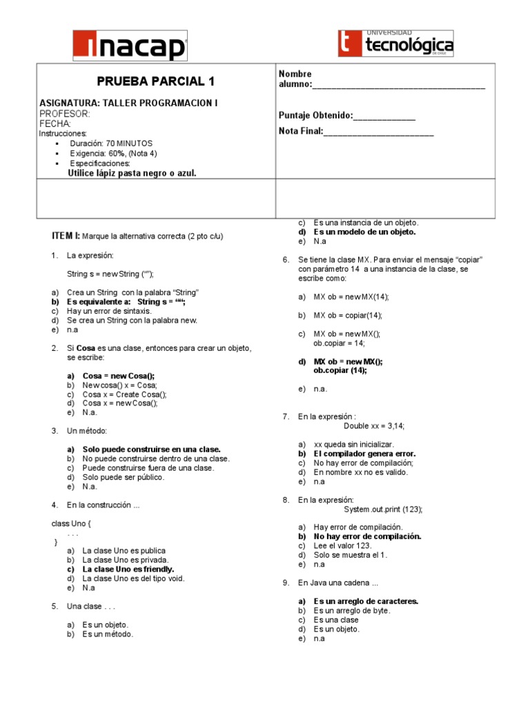 INACAP Prueba 1 Taller de Programación I v4.0 | PDF | Compilador | Java (lenguaje de programación)