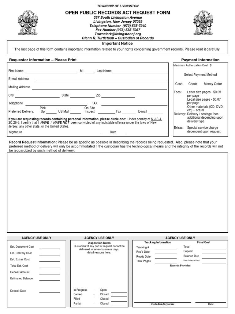 Livingston OPRA Request Form | PDF | Discovery (Law) | Computer Security