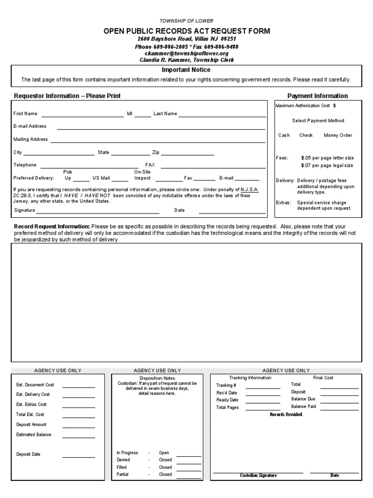 Lower OPRA Request Form | Download Free PDF | Discovery (Law ...