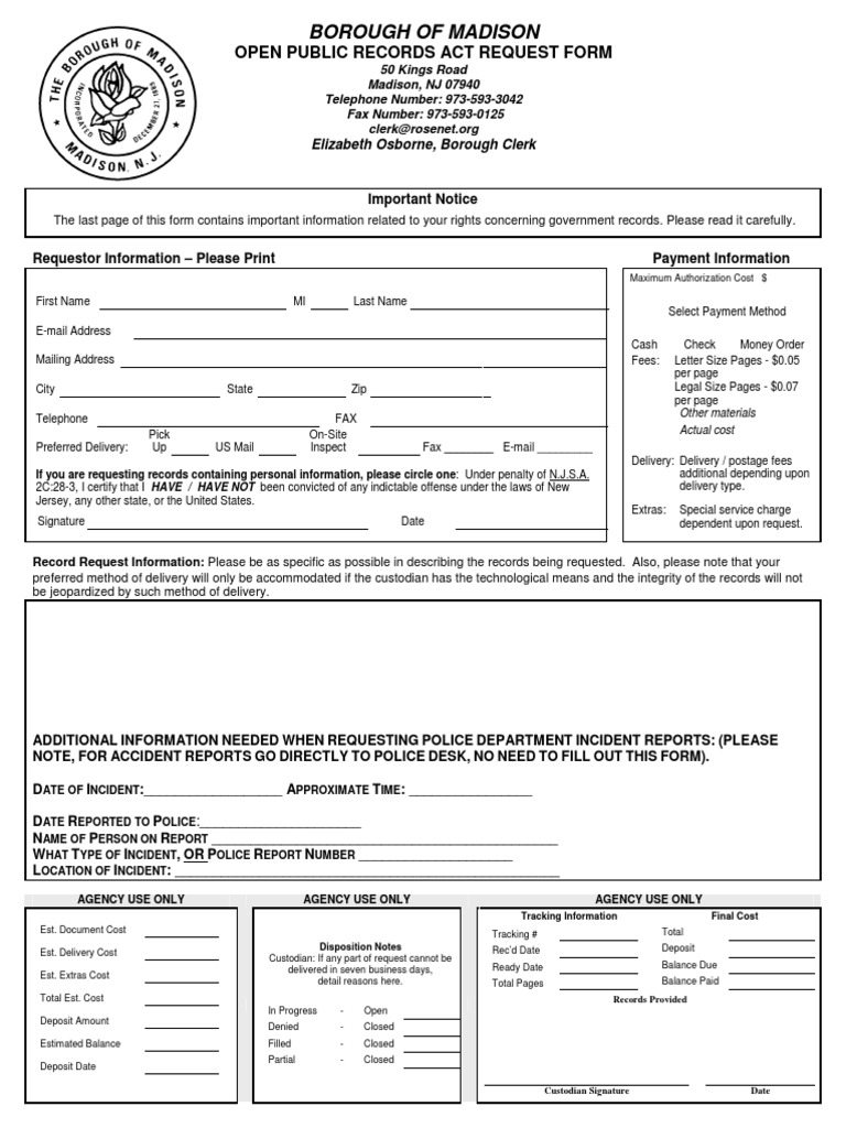 Madison OPRA Request Form | PDF | Mail | Fee