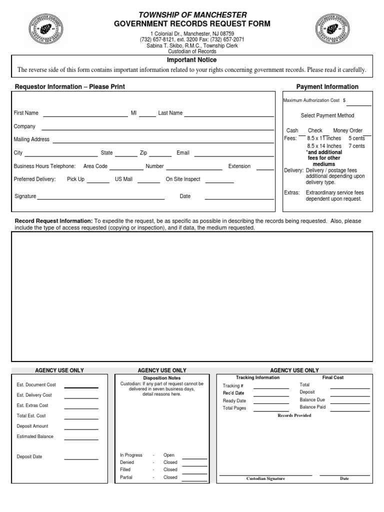OPRA Records Request Form | PDF | Cheque | Mail
