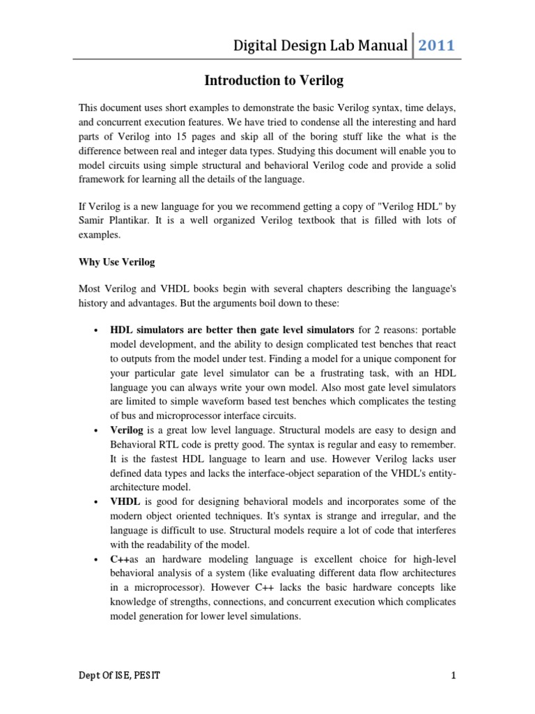 Digital Design Lab Manual: Introduction To Verilog | PDF | Hardware Description Language | Vhdl