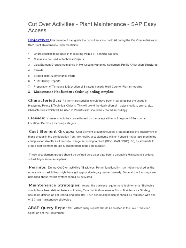 Cut Over Activities - Plant Maintenance - SAP Easy Access: Objective ...