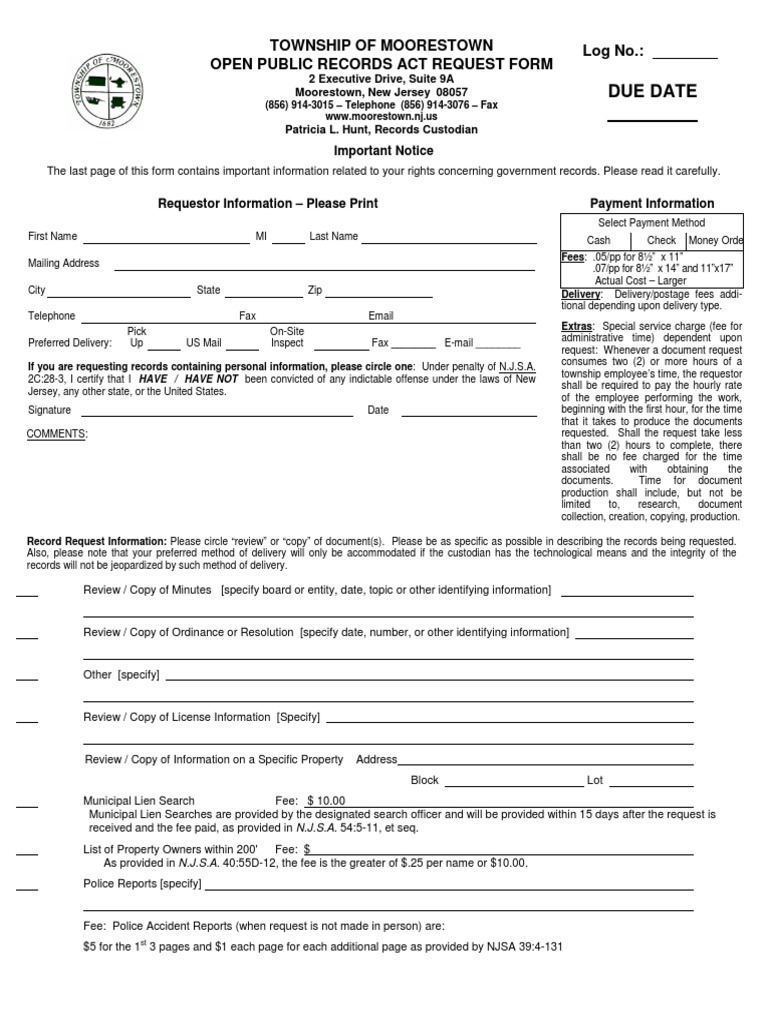 Moorestown OPRA Request Form | PDF | Discovery (Law) | Computer Security
