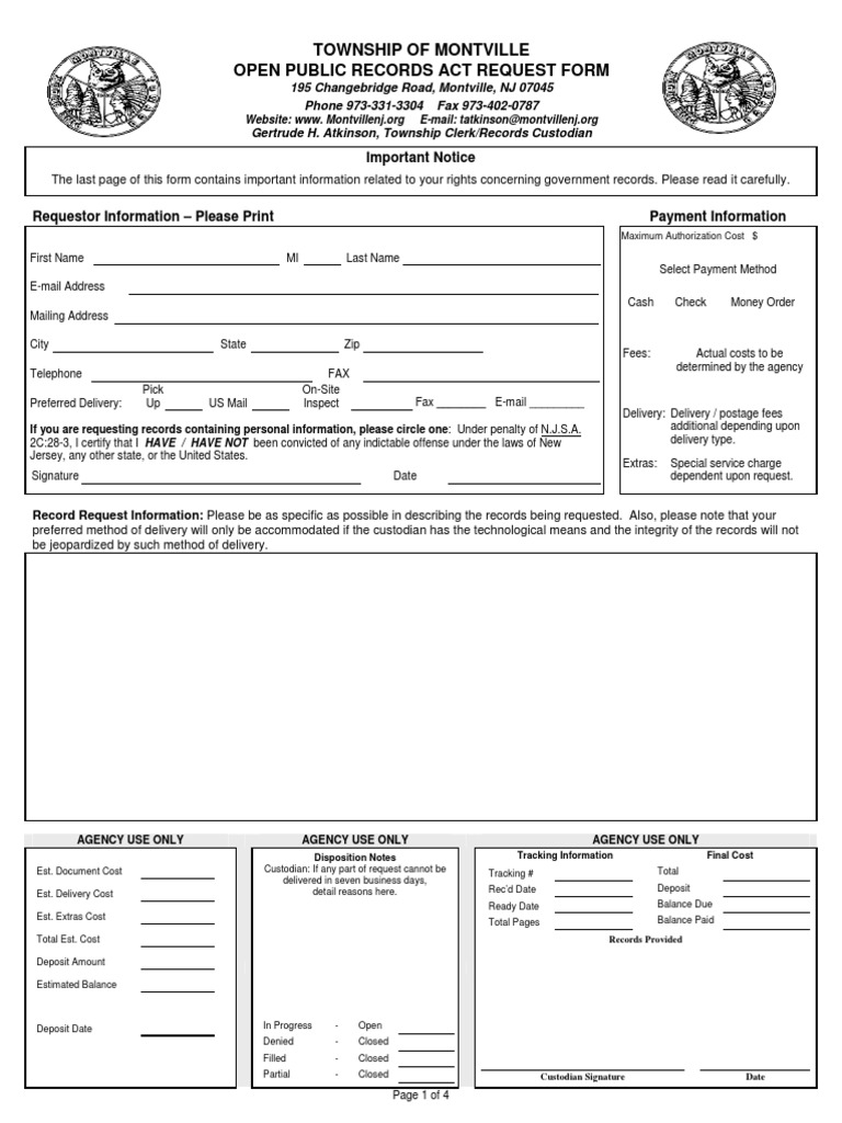 Montville OPRA Request Form | PDF | Discovery (Law) | Computer Security