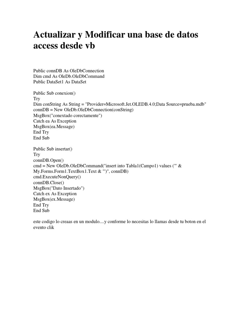 Actualizar y Modificar Una Base de Datos Access Desde VB | Descargar gratis PDF | Tabla (base de ...