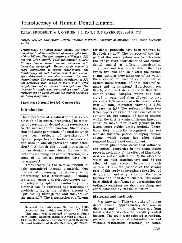 Translucency of Human Enamel | PDF | Tooth Enamel | Refractive Index