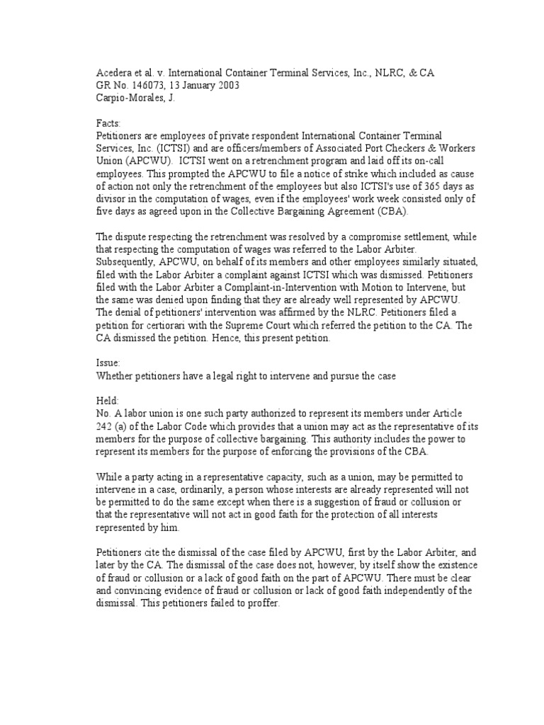 Acedera V ICTSI | PDF | Trade Union | Collective Bargaining