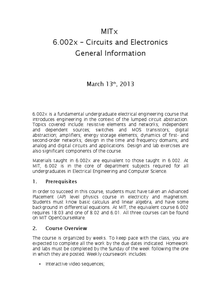 Syllabus For Mit 602x Massachusetts Institute Of Technology Electronics 