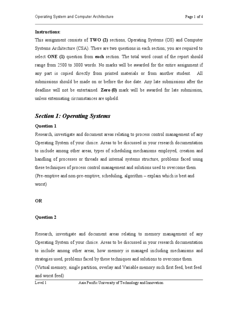 Operating Systems and Computer Architecture: An Assignment on Process Control Management, Memory ...
