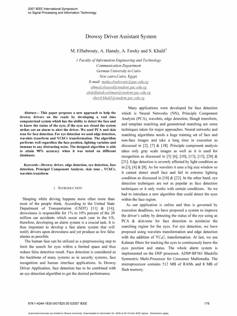 33.real Time Drowsy Driver Detection in Matlab | PDF | Wavelet | Principal Component Analysis
