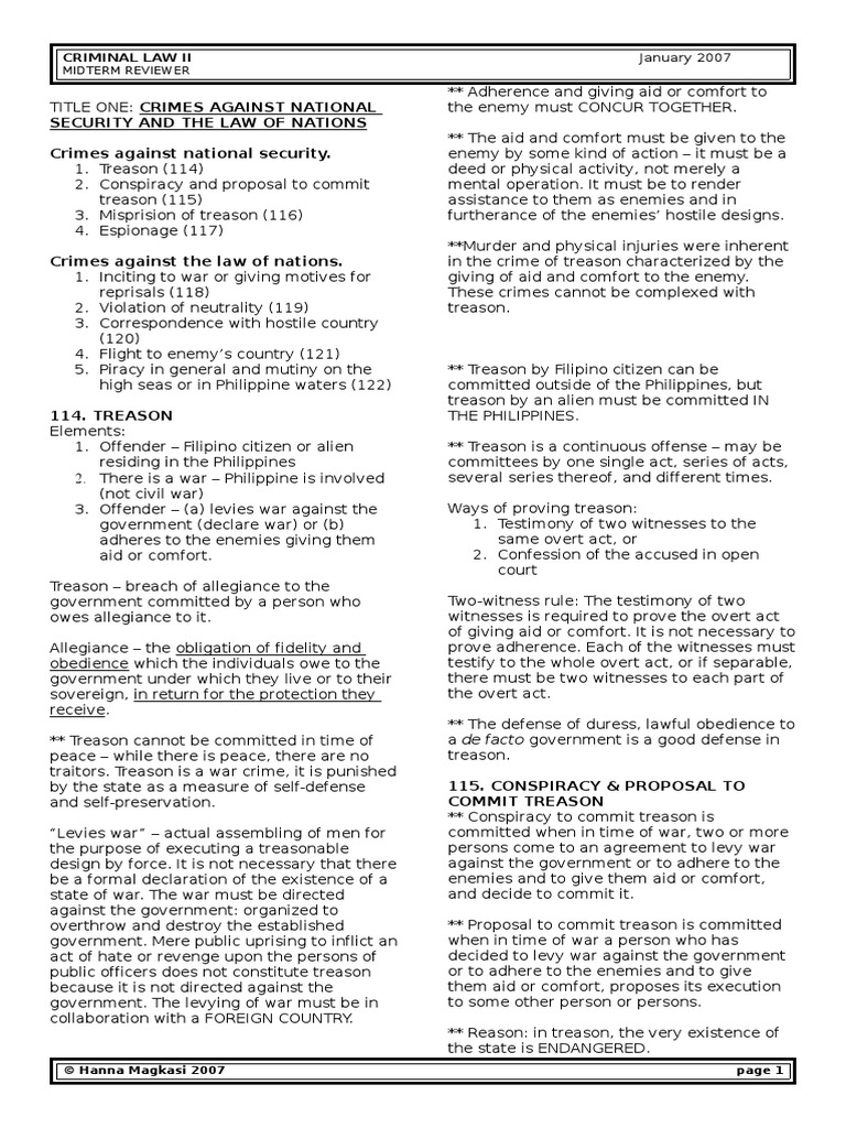 3587785 Philippine Revised Penal Code Book 2 Midterm Reviewer | Treason ...