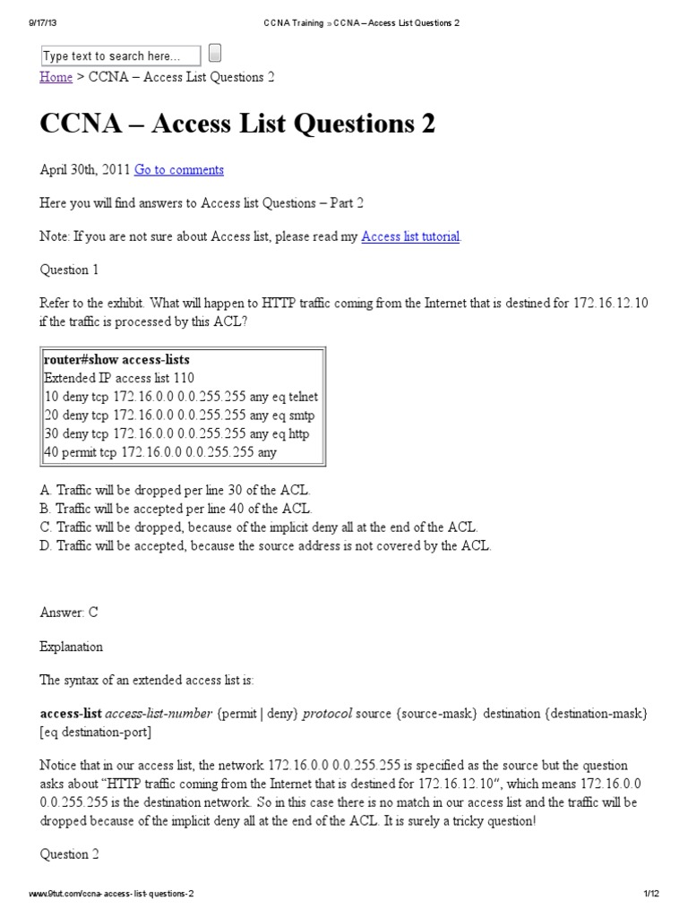 CCNA Training CCNA - Access List Questions 2 | PDF | Cisco Certifications | Internet Protocol Suite