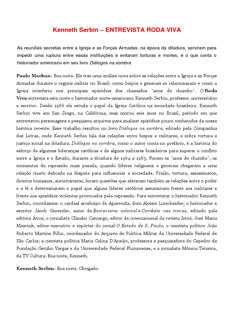 Kenneth Serbin - Entrevista RODA VIVA - Diálogos Na Sombra | PDF ...