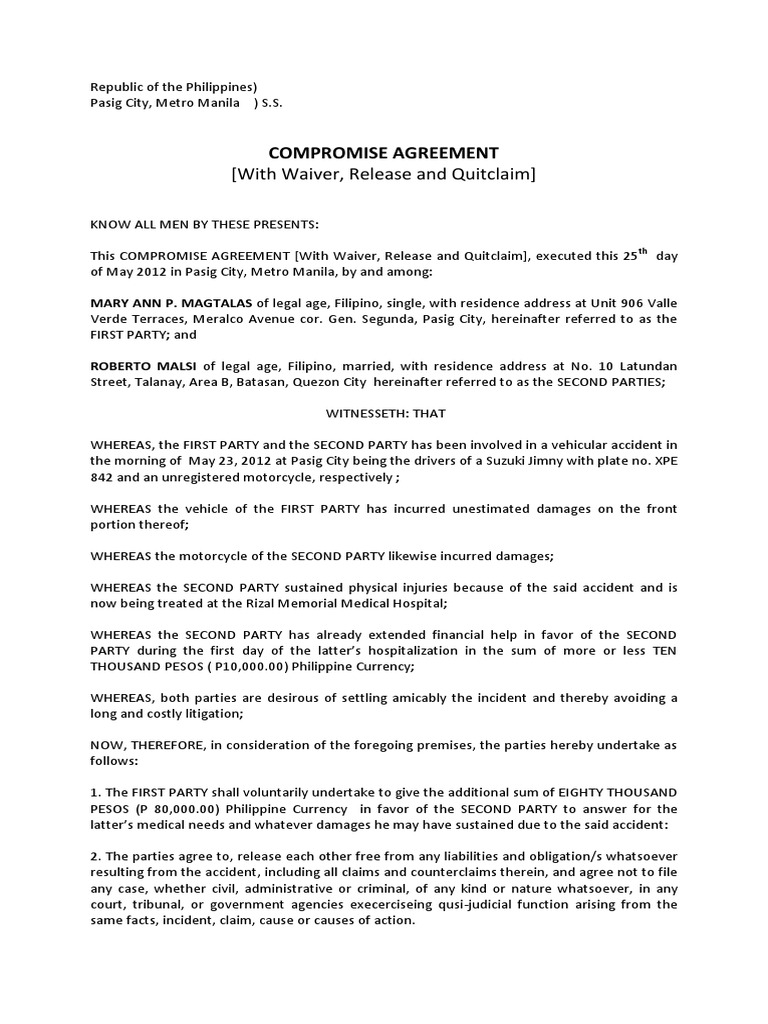 96145844 Compromise Agreement | Philippines | Damages