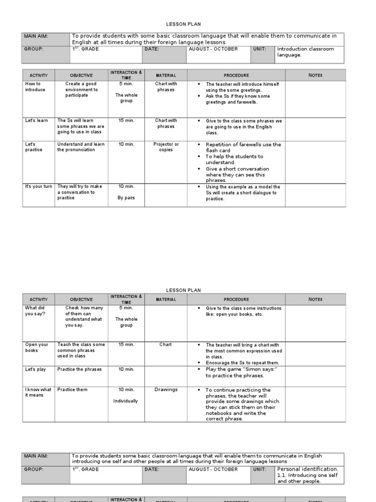 English Lesson Plan 1st Grade 07 08 Lesson Plan Classroom Prueba 