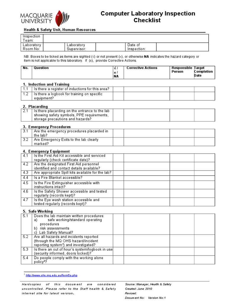 Health and Safety Forms Computer Laboratory Checklist | Laboratories ...