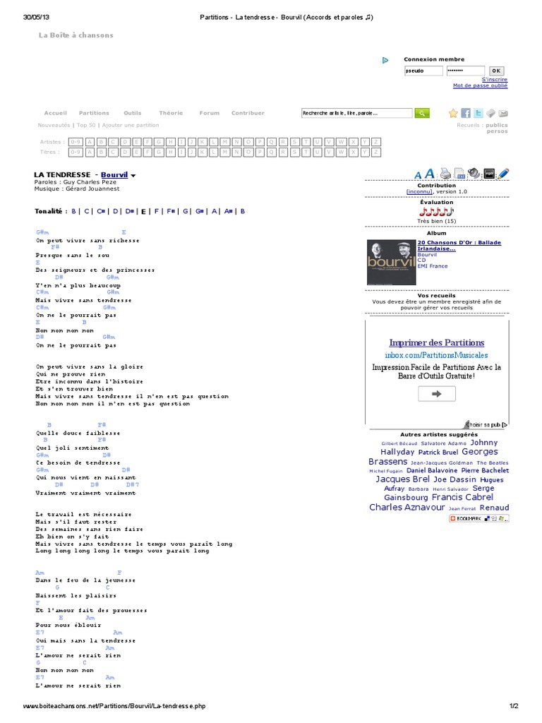 Partitions - La Tendresse - Bourvil (Accords Et Paroles ) | PDF | Divertissement (Général)