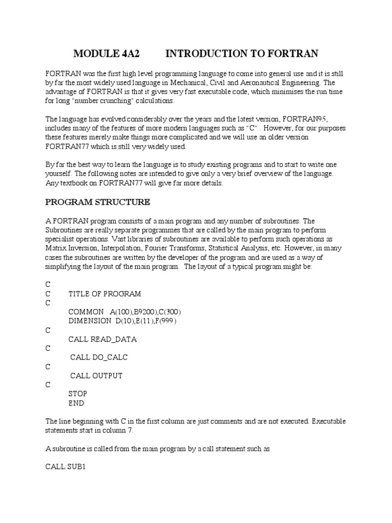 Fortran Intro C Programming Language Subroutine