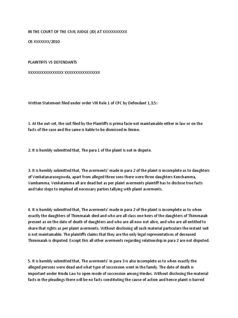 Written Statement Under Order 8 CPC | PDF | Pleading | Equity (Law)