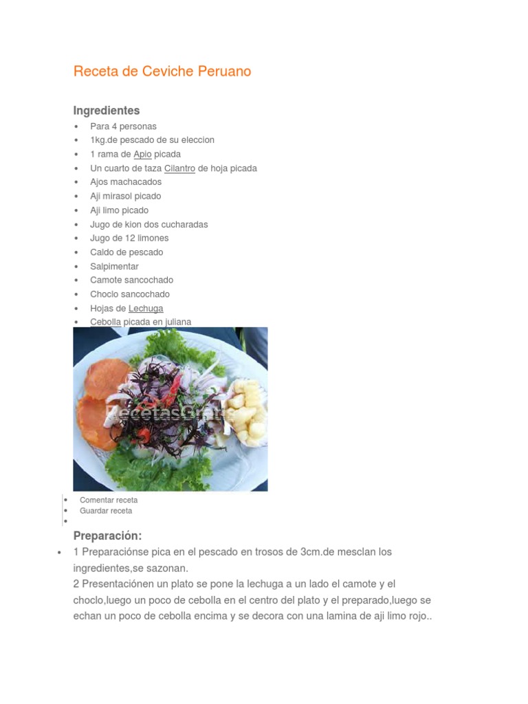 Receta de Ceviche Peruano y Ingredientes | PDF