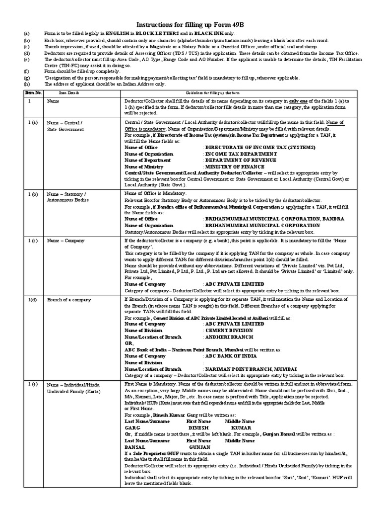 Instructions For Filling Up Form 49B: Item No | PDF | Government | Business