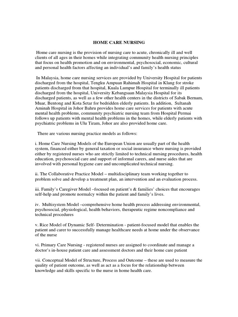 Home Care Nursing Models and Services | PDF | Home Care | Nursing