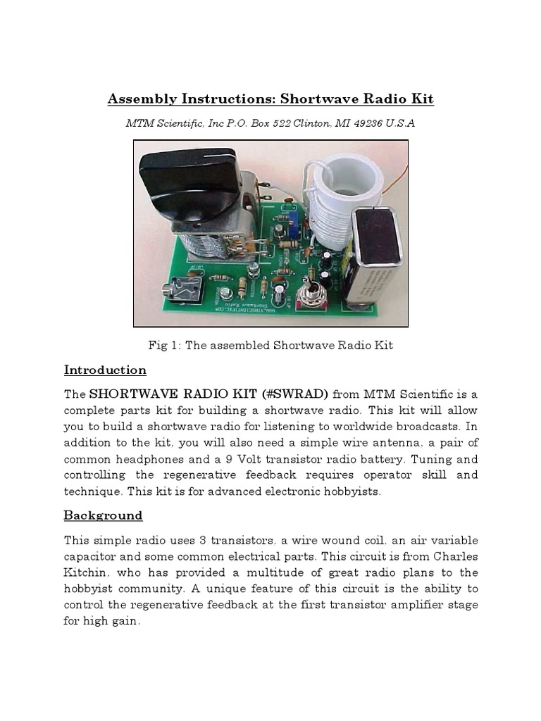 Assembly Instructions: Shortwave Radio Kit: MTM Scientific, Inc P.O ...