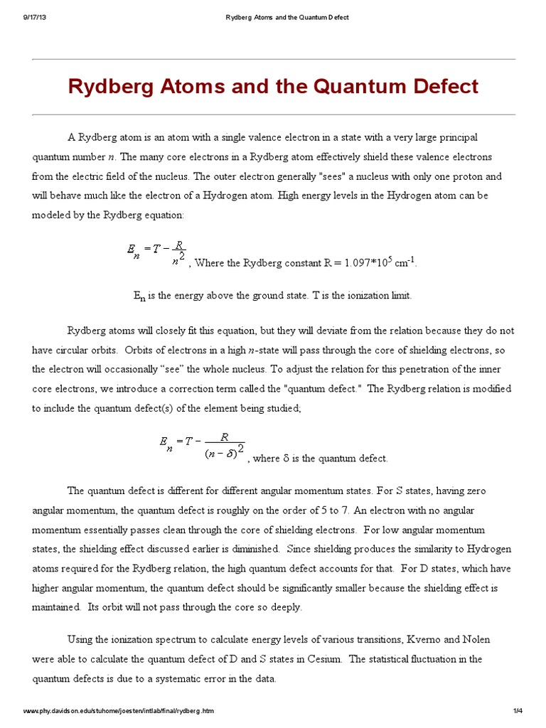 Rydberg Atoms and The Quantum Defect | PDF | Atoms | Electron