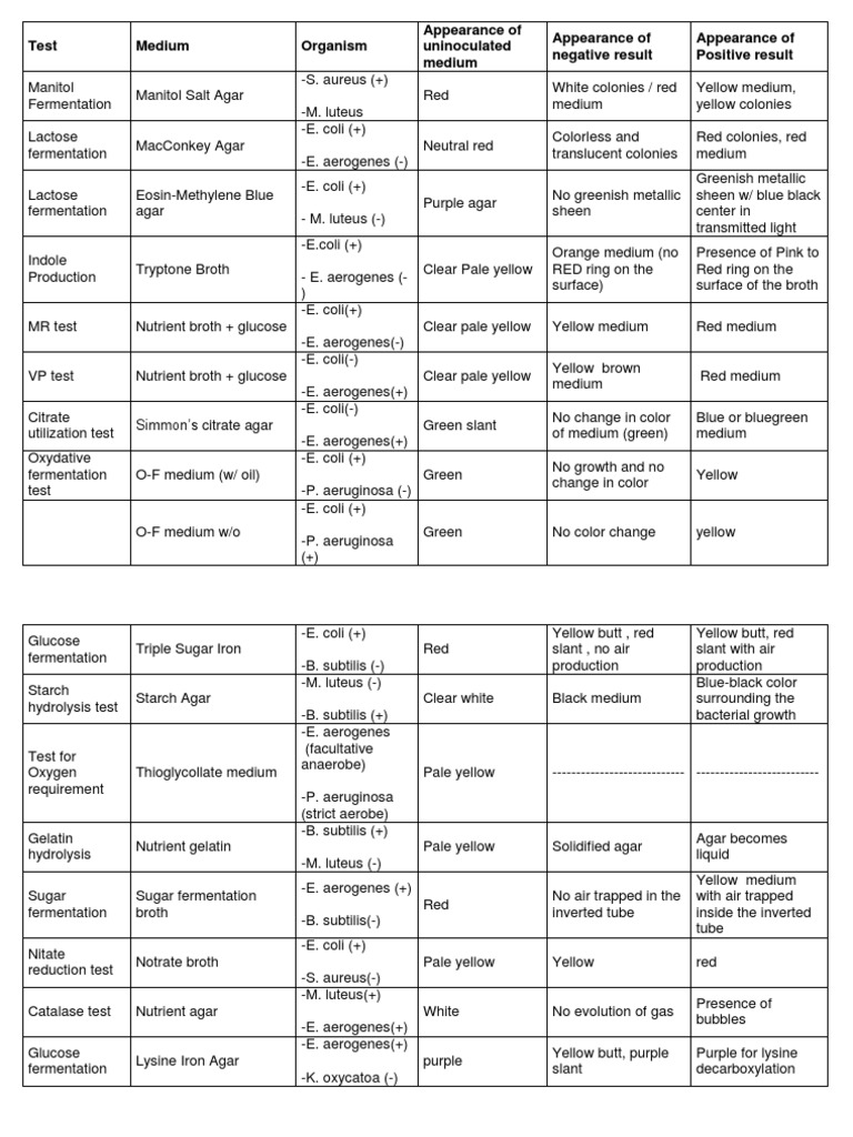 Biochemical Tests for E. coli and E. aerogenes | PDF