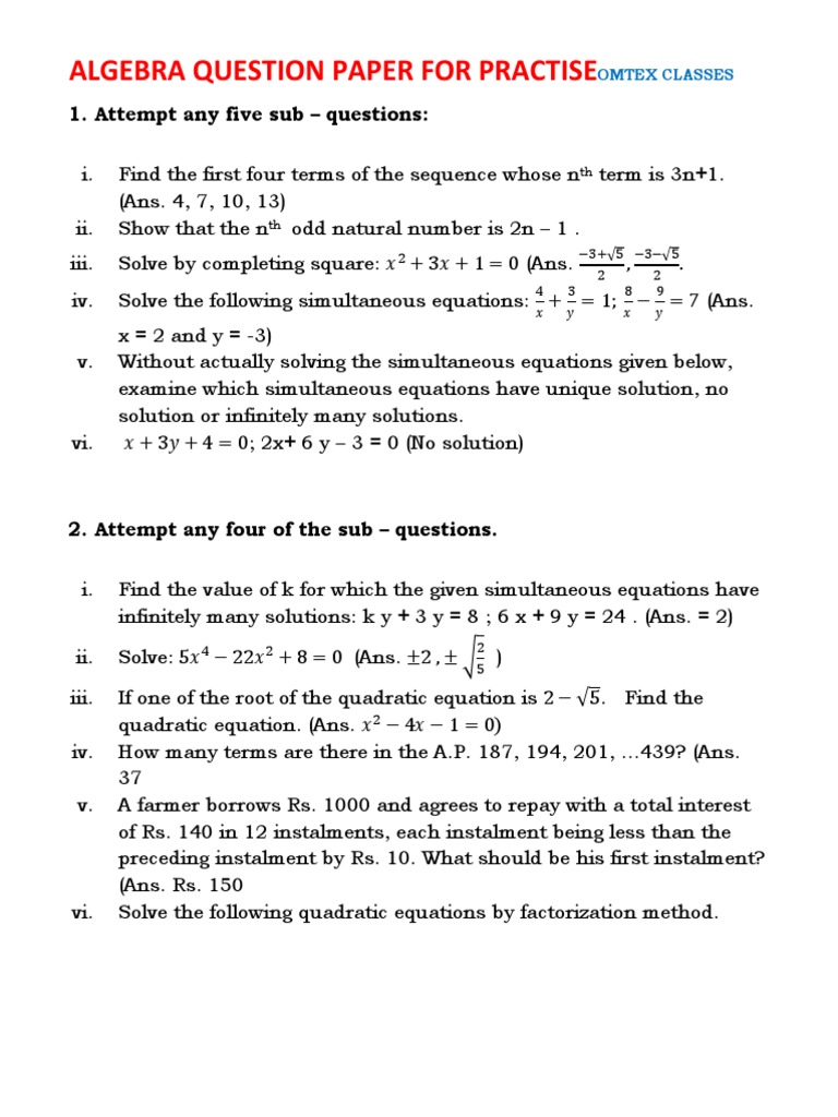 Algebra Question Paper 2 | PDF | Quadratic Equation | Equations