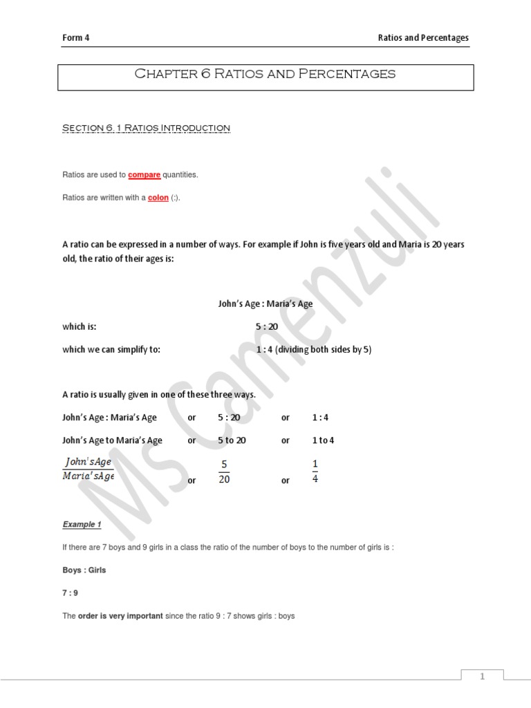 Chapter 6 Ratios and Percentages Notes 2013 | PDF | Percentage | Ratio