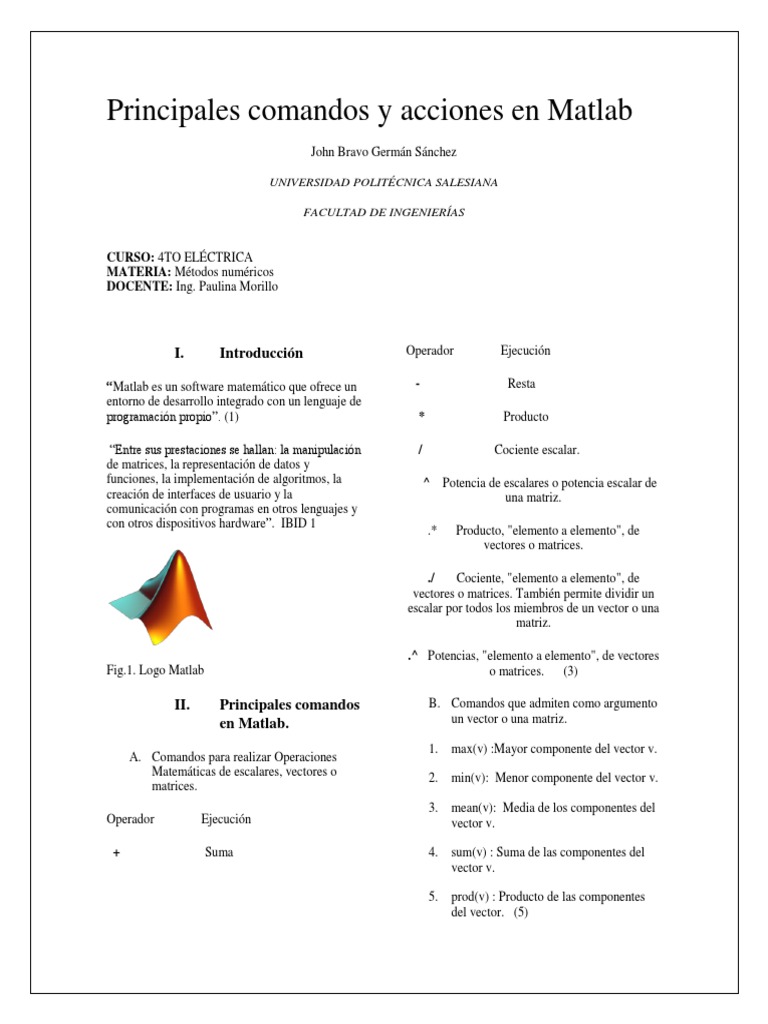 Principales Comandos y Acciones en Matlab | PDF | Matlab | Matriz ...