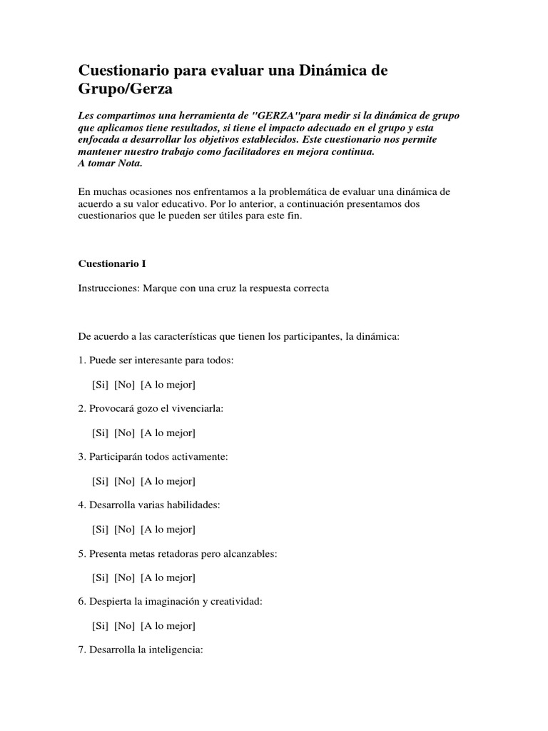 Cuestionario para Evaluar Una Dinámica de Grupo | Creatividad ...