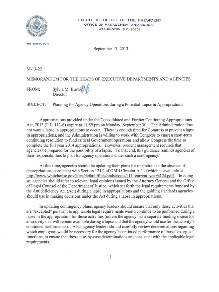 White House government shutdown memo | Appropriations Bill (United ...