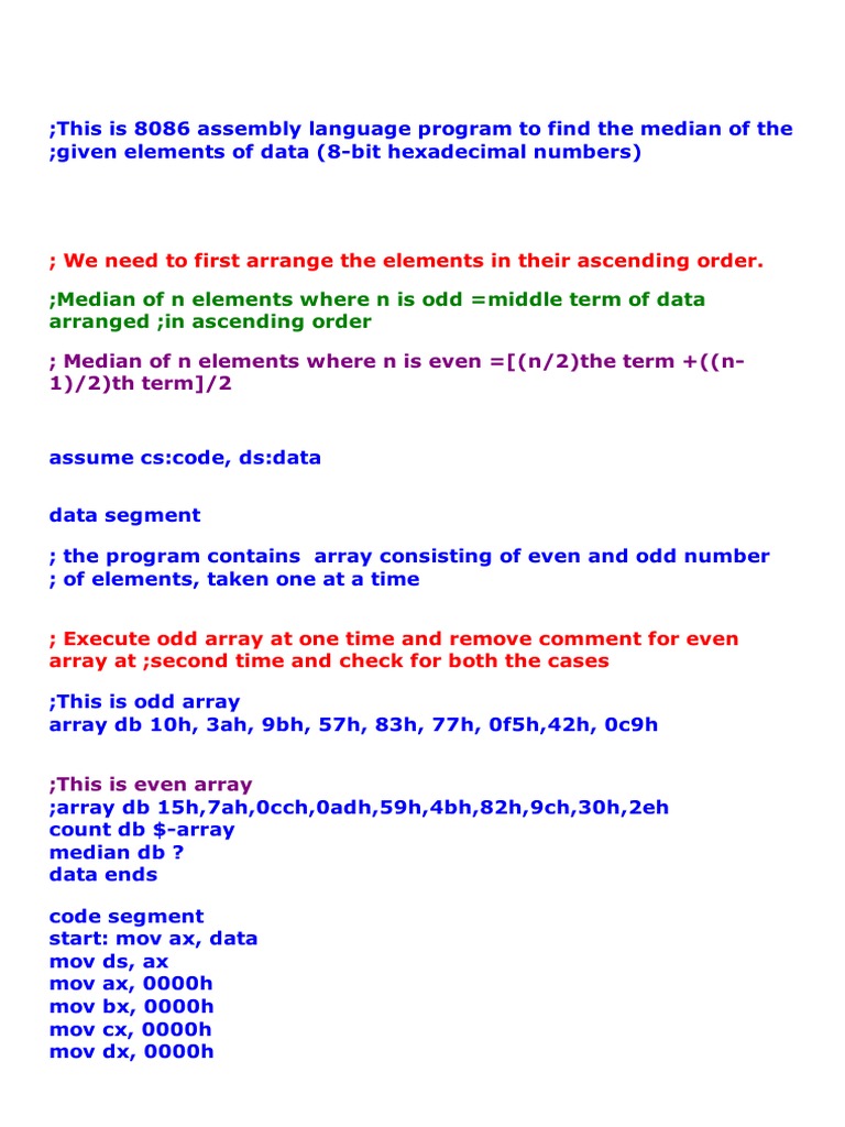 Median of Elements of An Array of 8-Bit Numbers, 8086 Assembly Language ...