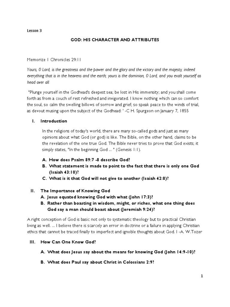 Lesson 3 - God His Character and Attributes | PDF | Omnipotence ...