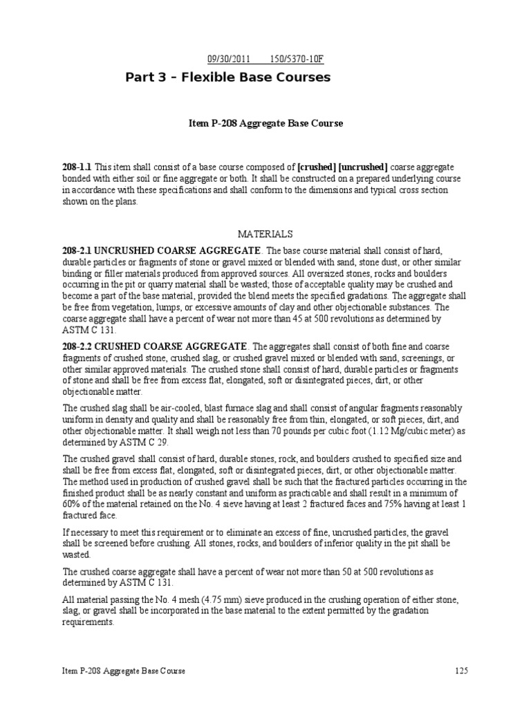 Part 3 - Flexible Base Courses: Item P-208 Aggregate Base Course | PDF ...