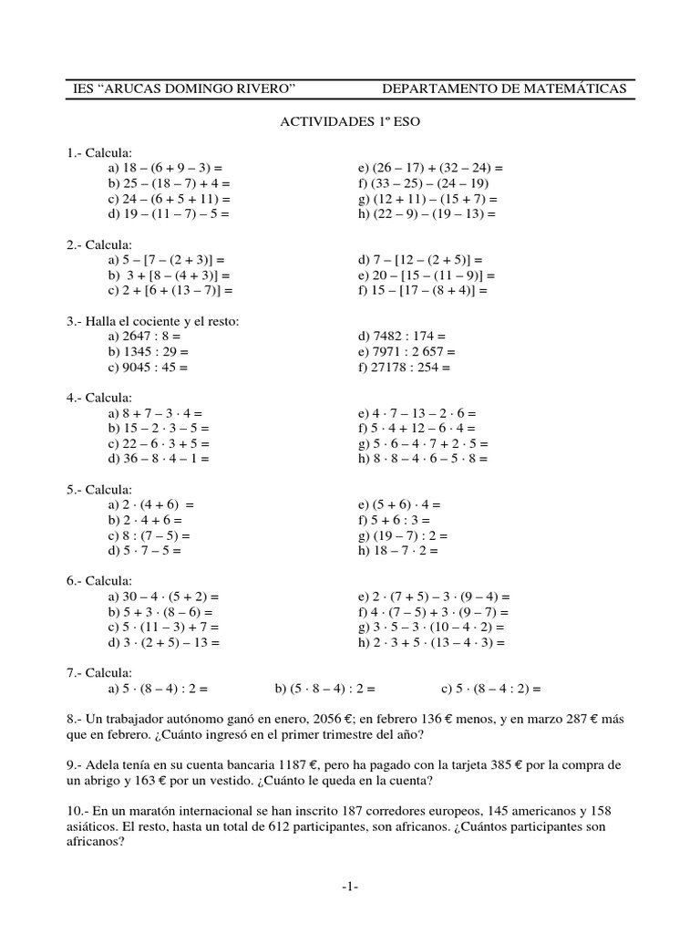 Actividades Matematicas 1 Eso | PDF | Matemática Elemental | Números