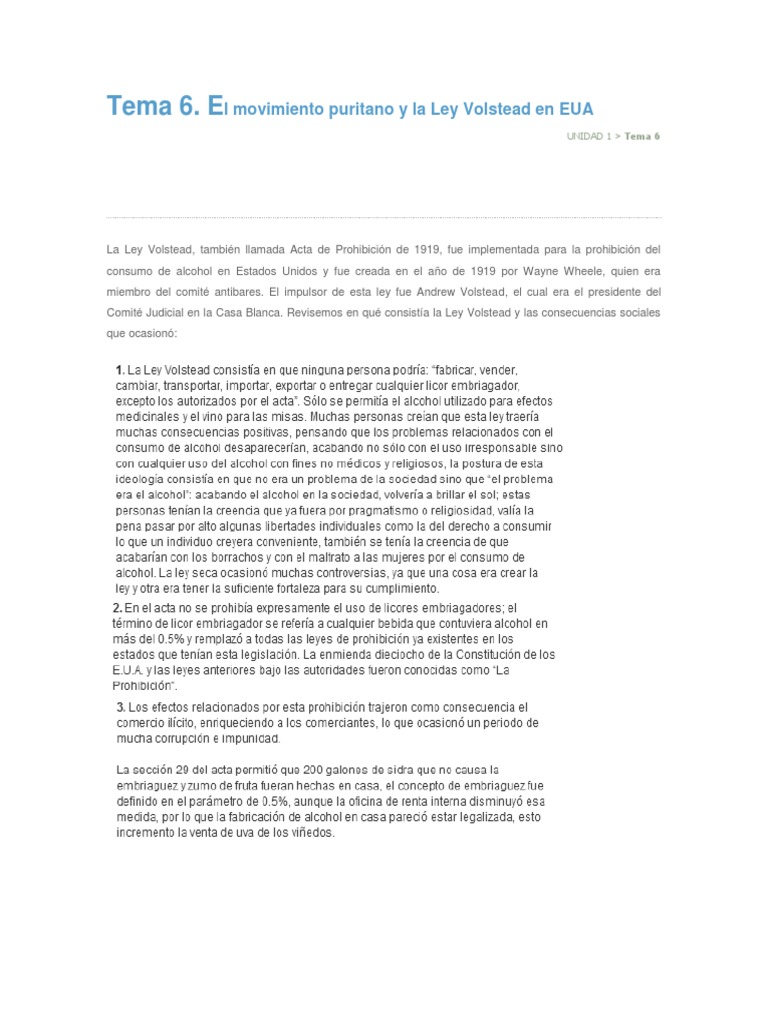 Tema 6. El Movimiento Puritano y La Ley Volstead en EUA | PDF | Consumo ...