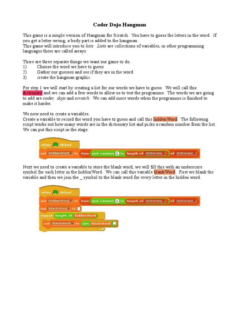 Hangman Tutorial For Scratch | PDF | Scratch (Programming Language ...
