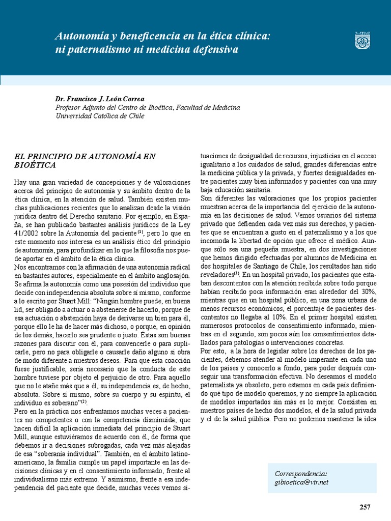 Autonomía y Beneficencia en La Ética Clínica: NI PATERNALISMO NI ...