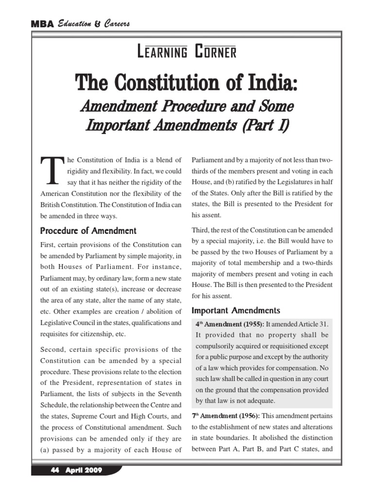 The Constitution of India Amendment Procedure and Some Important ...
