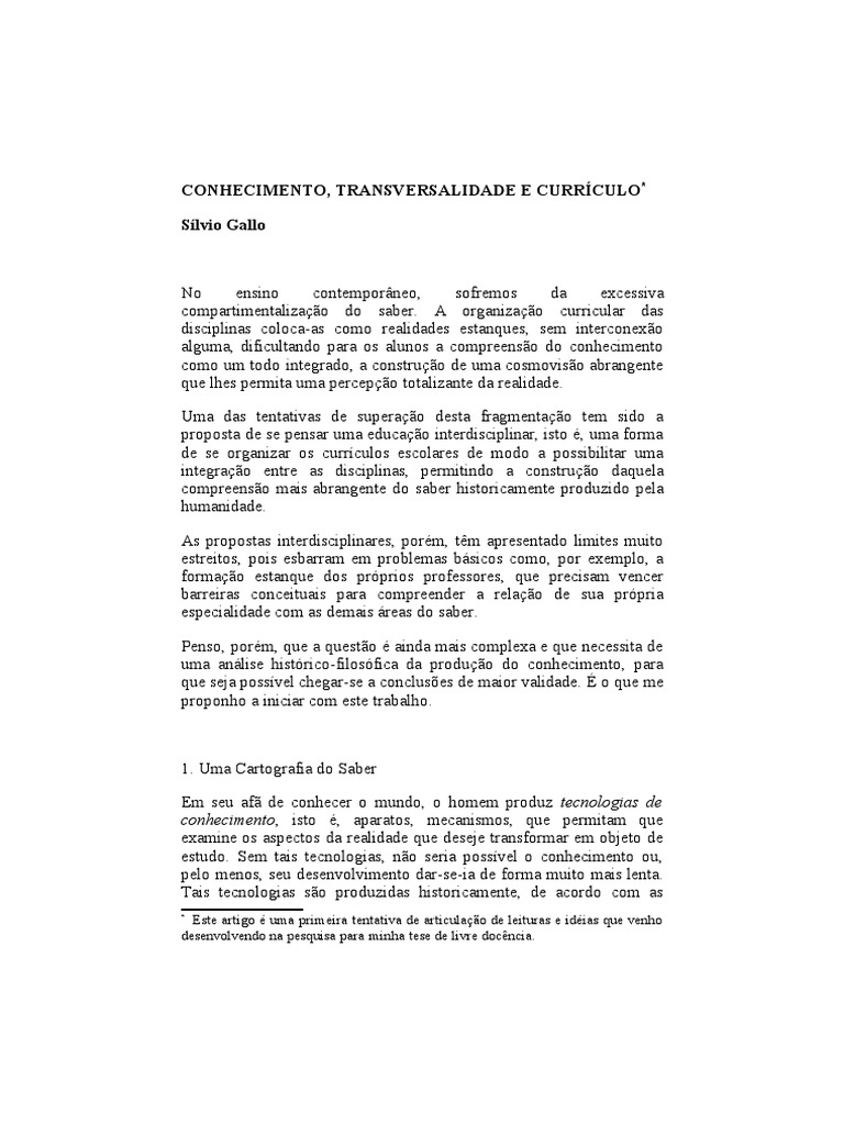 Conhecimento Transversalidade e Currículo | PDF | Interdisciplinaridade ...