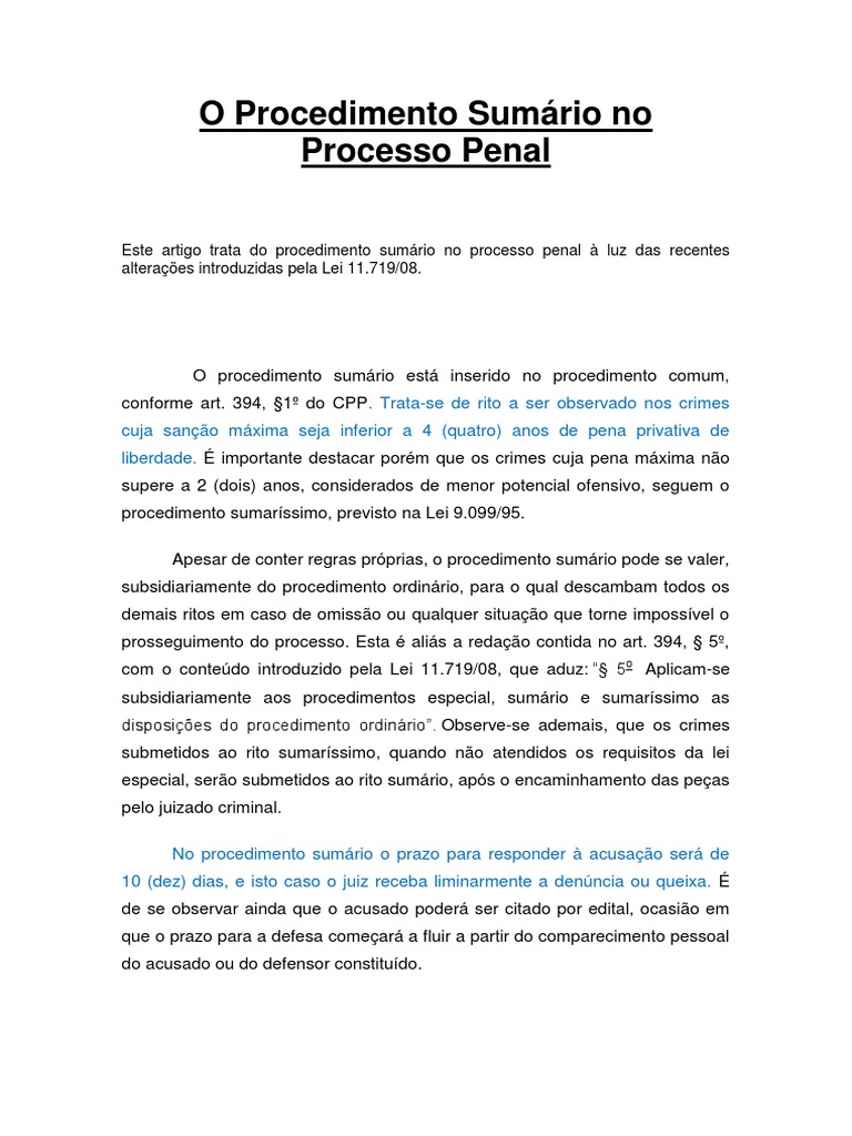O Procedimento Sumário No Processo Penal | PDF | Procedimento criminal ...