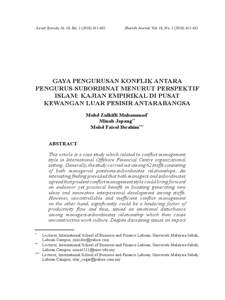 Gaya Pengurusan Konflik Antara Pengurus-Subordinat Menurut Perspektif ...