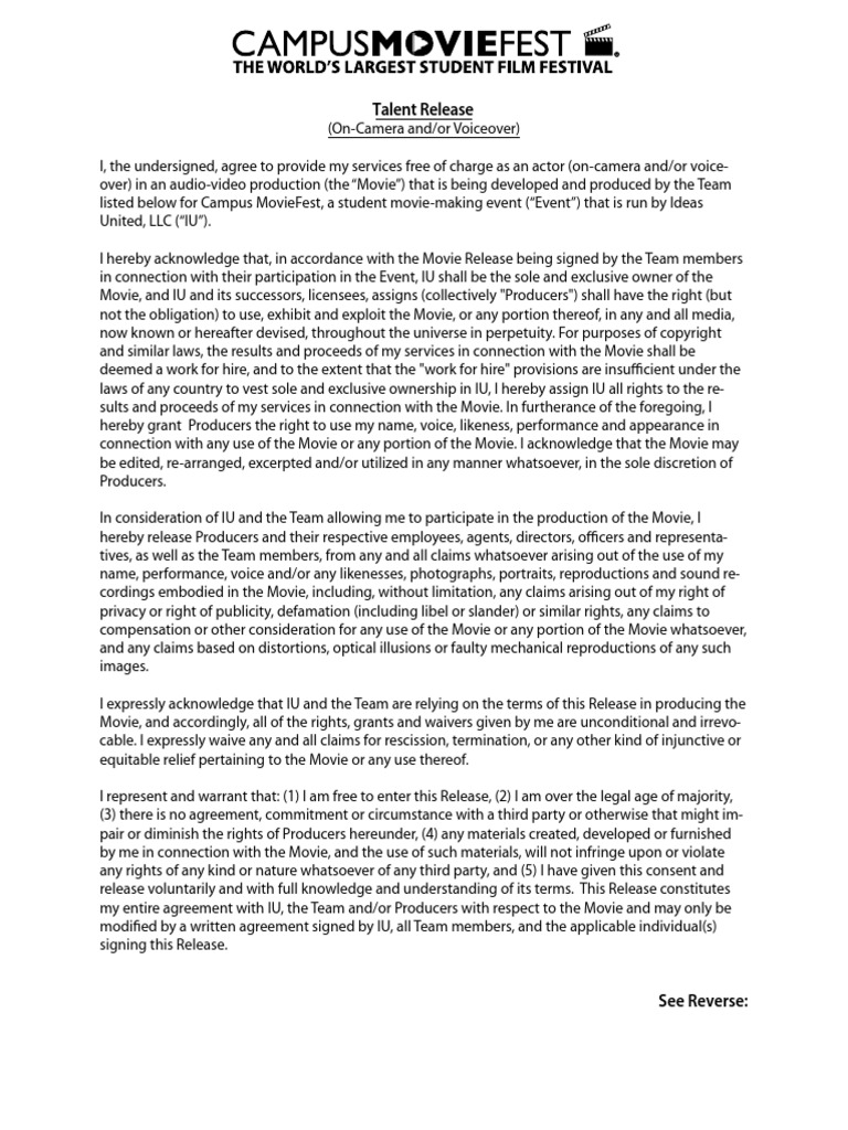 Talent Release for Campus MovieFest | PDF | Defamation | Private Law