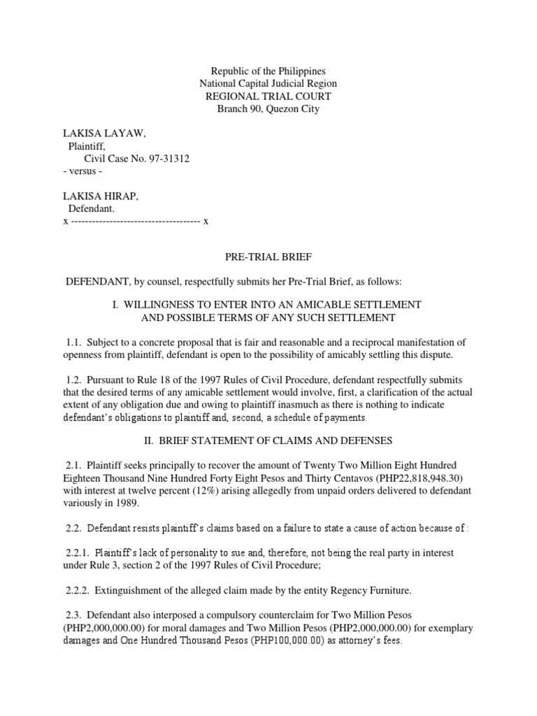 Sample Pre-Trial Brief | Download Free PDF | Lawsuit | Social Institutions